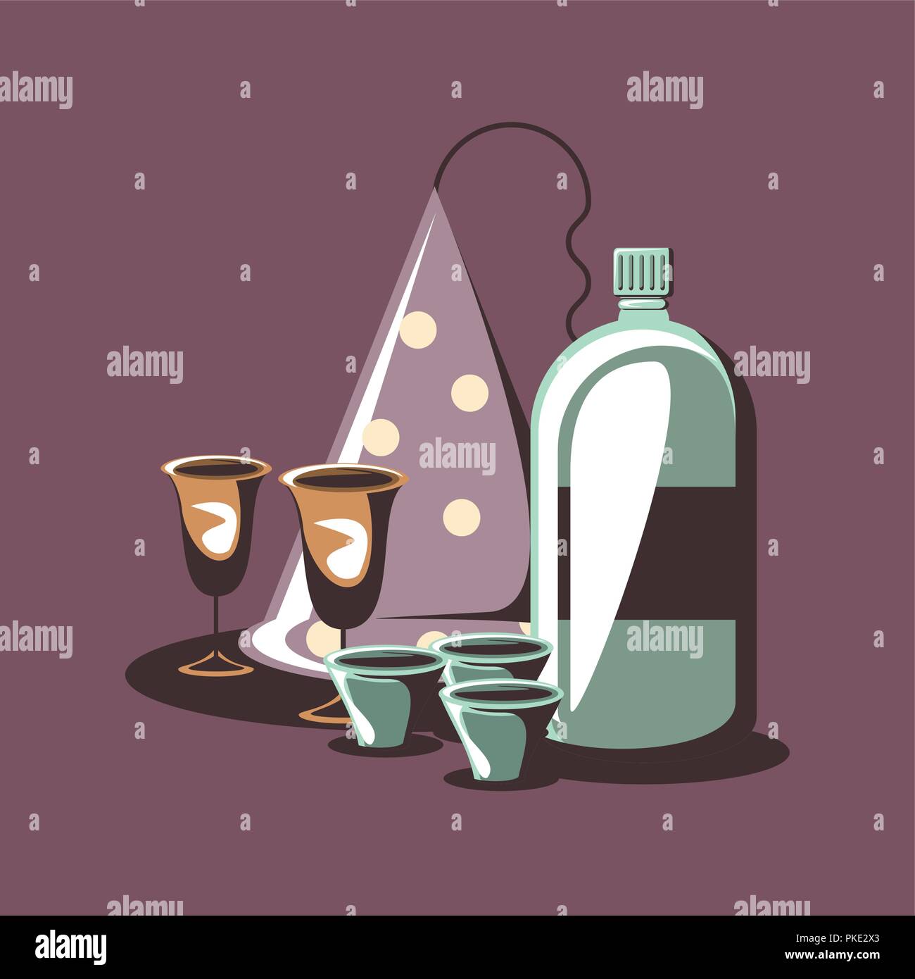 birthday retro glass cups bottle hat party vector illustration Stock ...