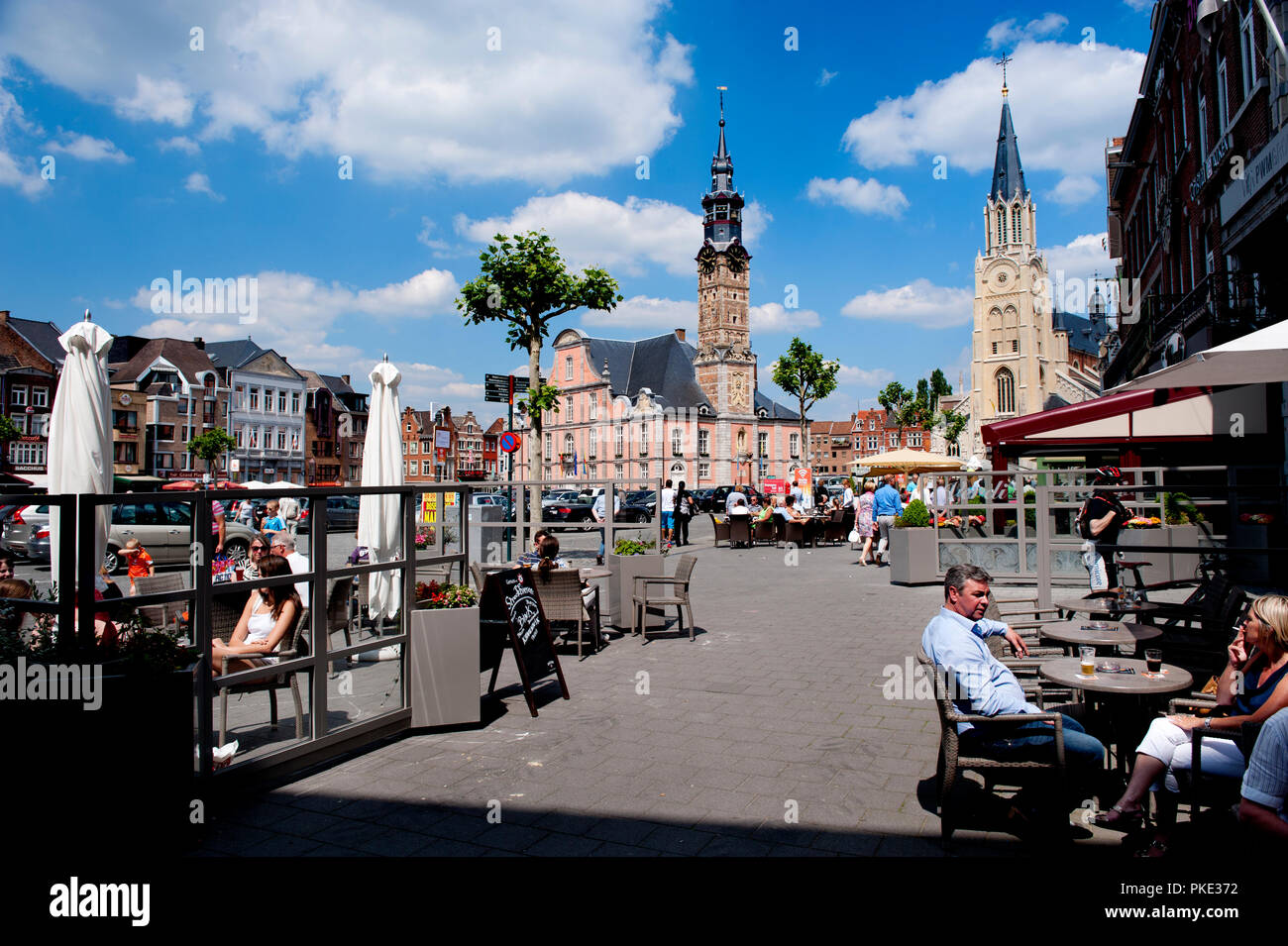 The 18th Century Town Hall with belfry and gothic style Church of Our ...