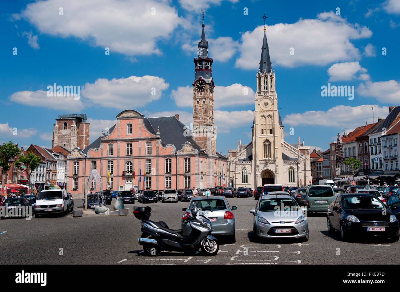The 18th Century Town Hall with belfry and gothic style Church of Our ...