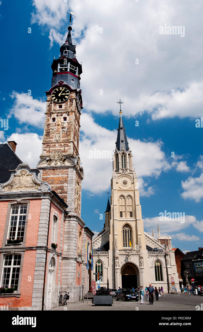 The 18th Century Town Hall with belfry and gothic style Church of Our ...