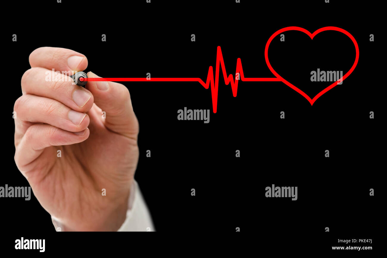 Doctor drawing shape of a heart beating cardiograph. Isolated over ...
