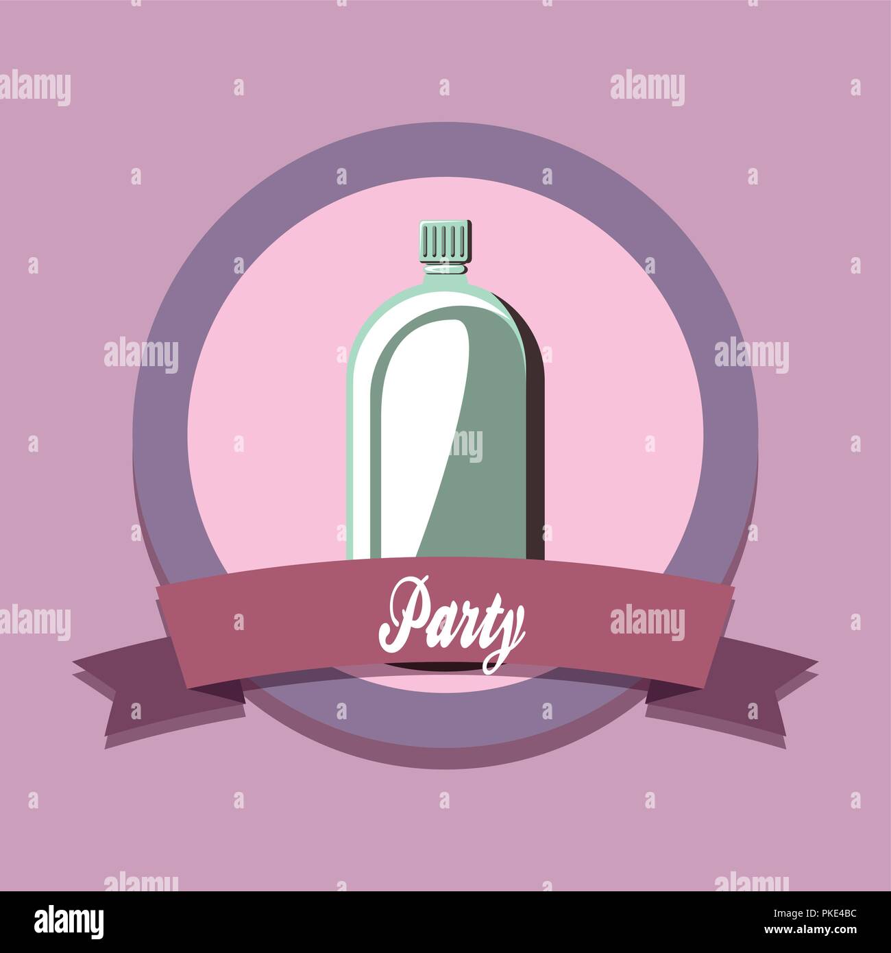 emblem of party design with decorative ribbon and bottle over purple ...