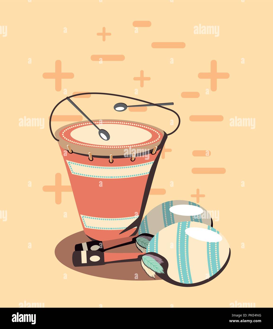 drum and maracas instruments over orange background, vector ...