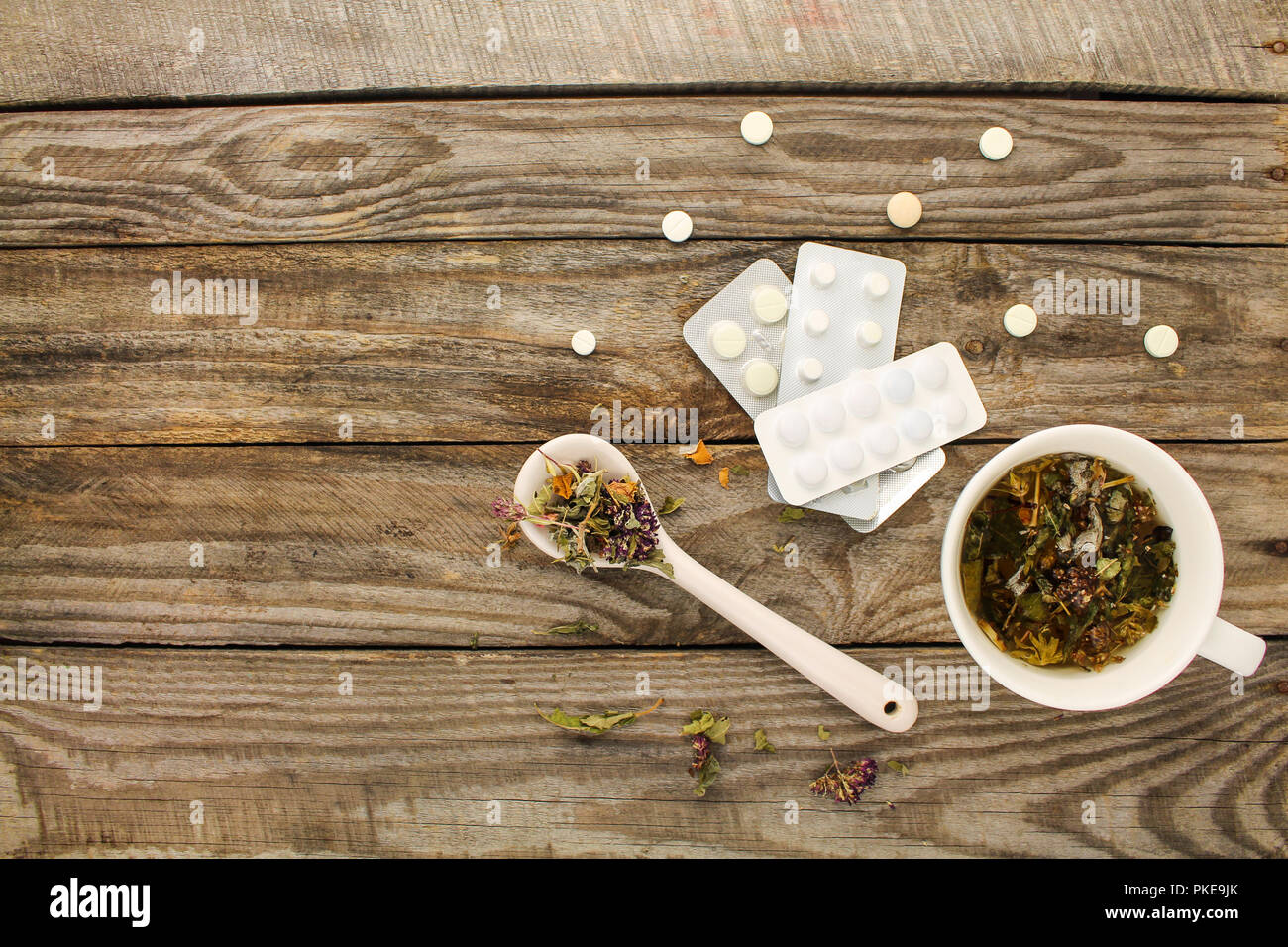 Tea with herbs, medicine. Top view Stock Photo - Alamy