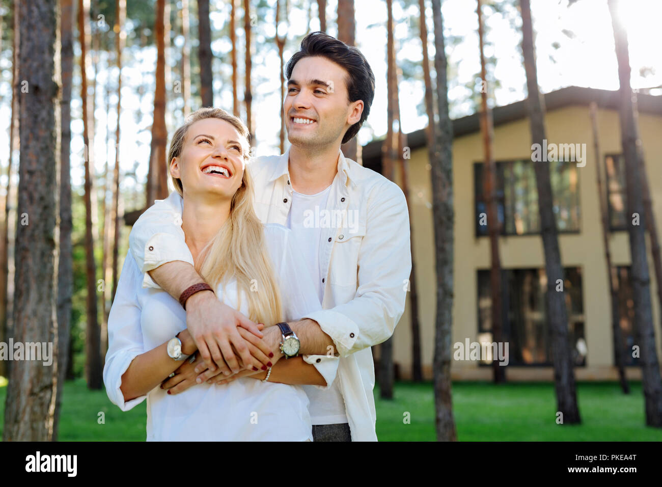 Joyful happy couple enjoying the beautiful nature Stock Photo - Alamy