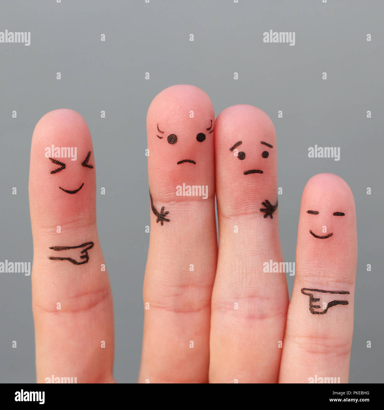 Fingers art of people. Concept woman taller than man, around laugh at ...