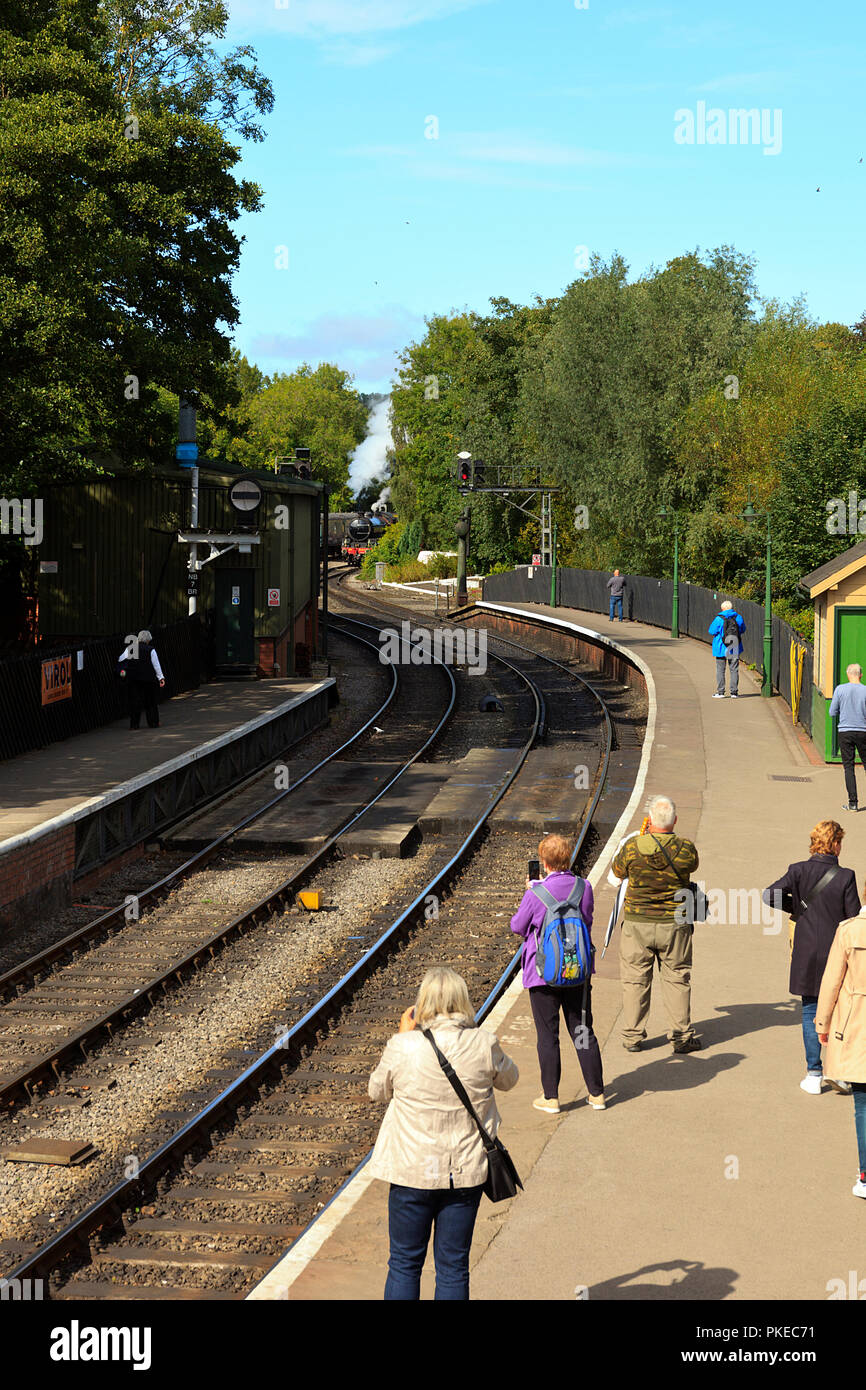 NYMR Steam Locomotive rounding first bend approaching Pickering Station ...