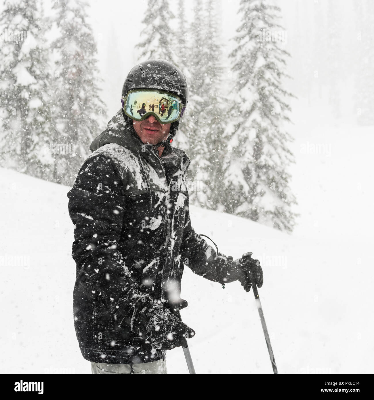 Skier standing in a heavy snowfall at Sun Peaks Resort; Kamloops ...