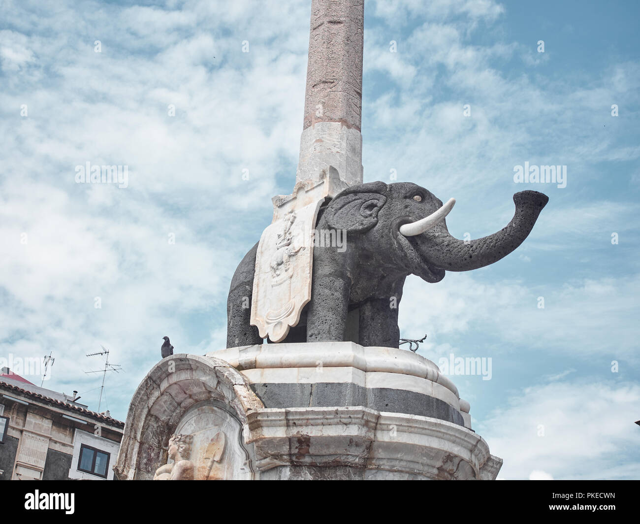 Shot of a statue of the "Liotru" (the elephant in the Sicilian slang ...