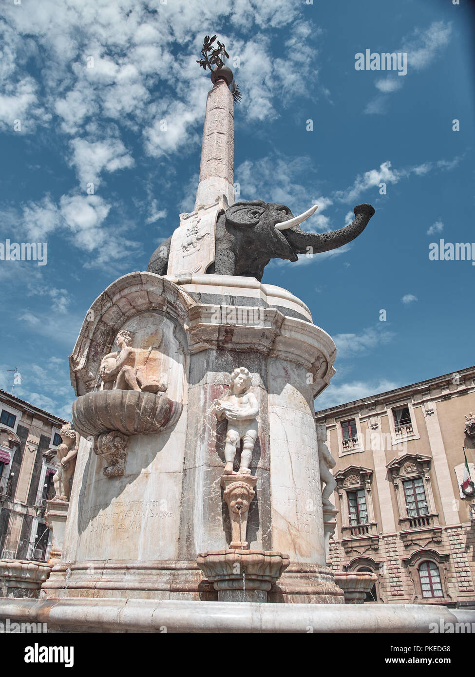 Shot of a statue of the "Liotru" (the elephant in the Sicilian slang ...