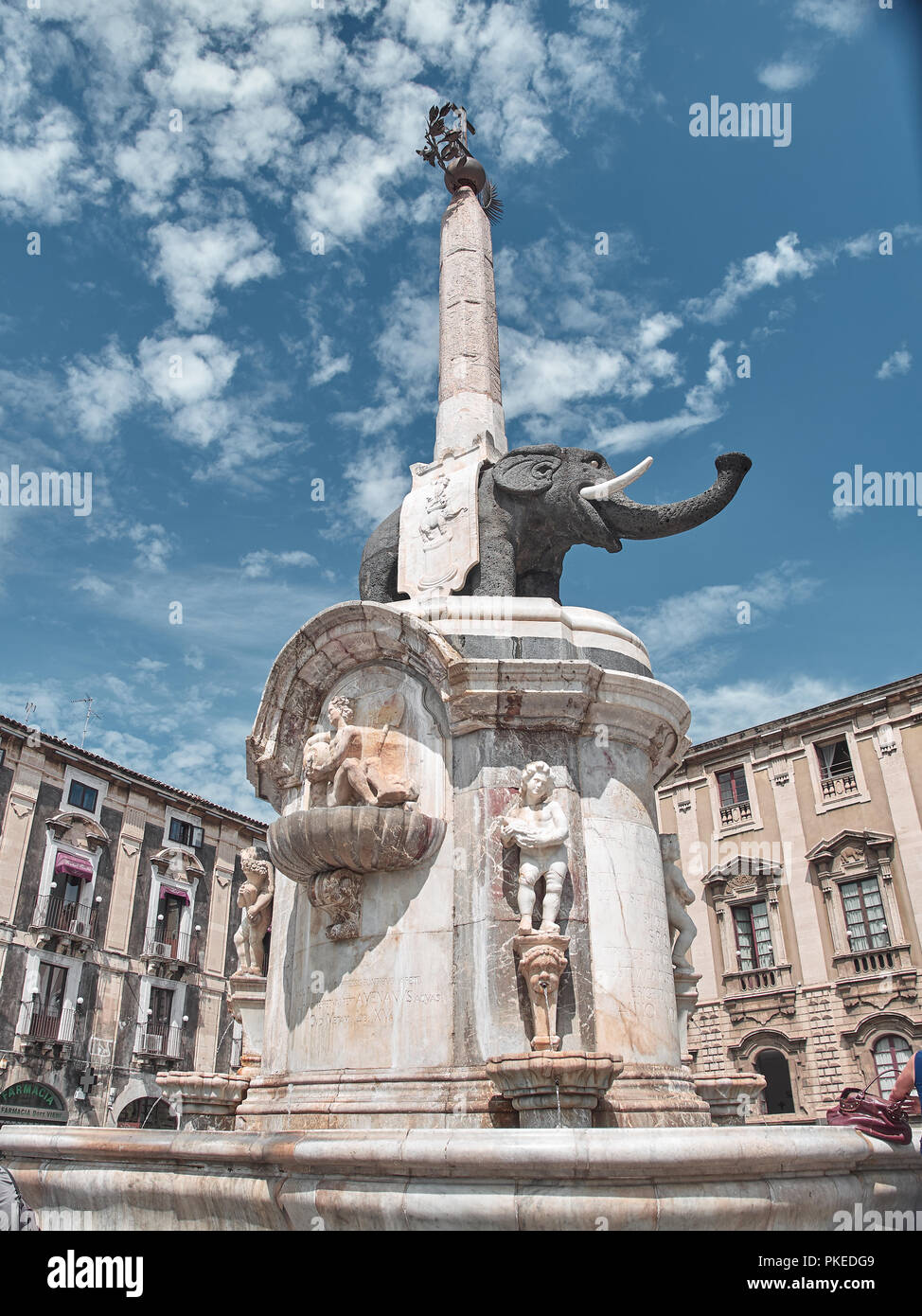 Shot of a statue of the "Liotru" (the elephant in the Sicilian slang ...