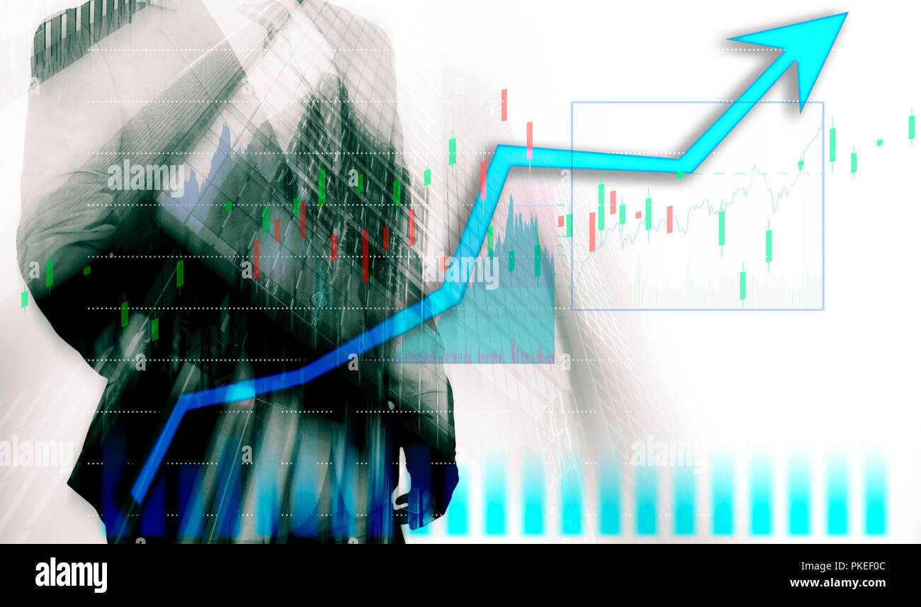 Businessman and Hong Kong city view with blue bull chart on background ...