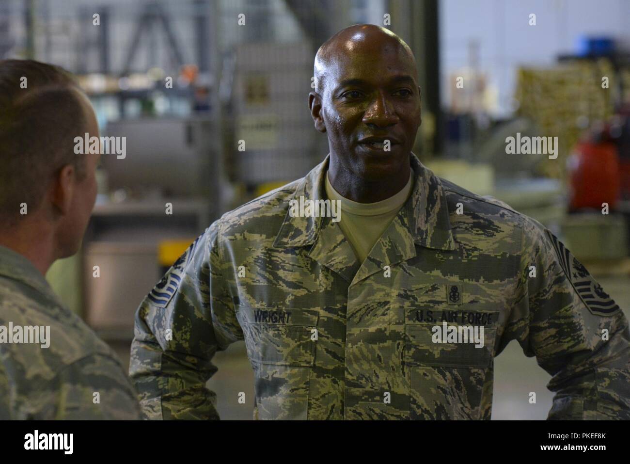 Chief Master Sgt. of the Air Force Kaleth O. Wright talks to a U.S ...