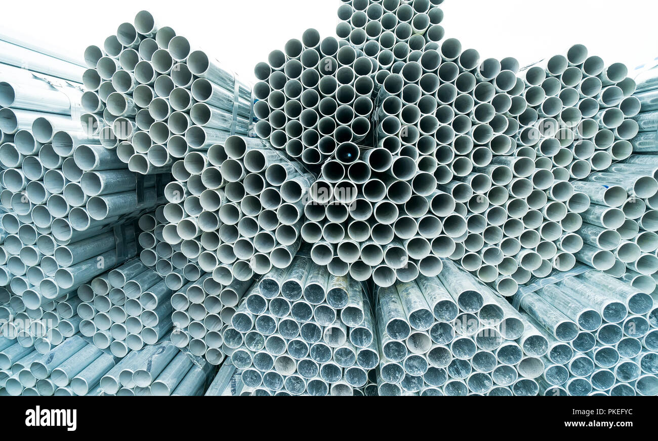 Steel Pipes Industry Construction stacked in Factory warehouse Stock ...