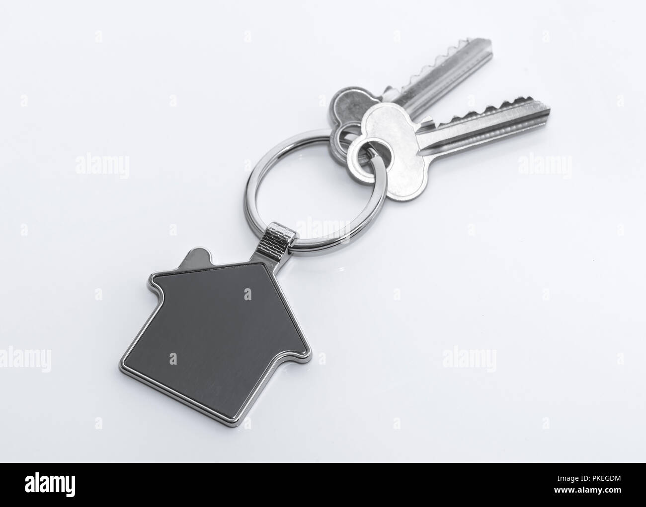 Key and keychain in the shape of a house isolated on white background ...