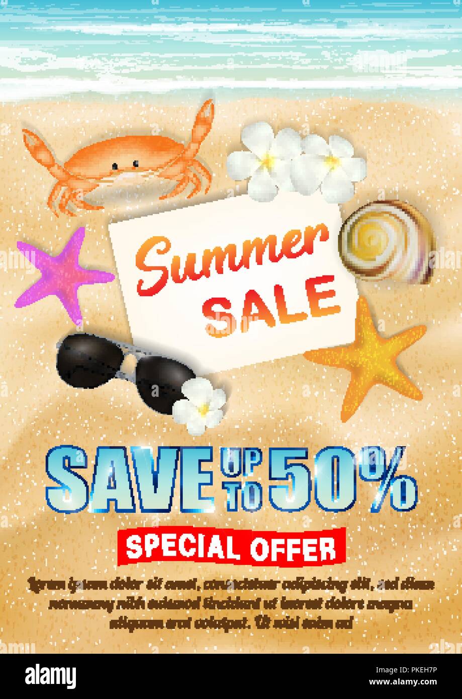 sea sand beach summer sale poster vector Stock Vector Image & Art - Alamy