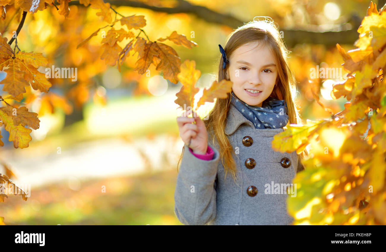 Cute little girl having fun on beautiful autumn day. Happy child ...