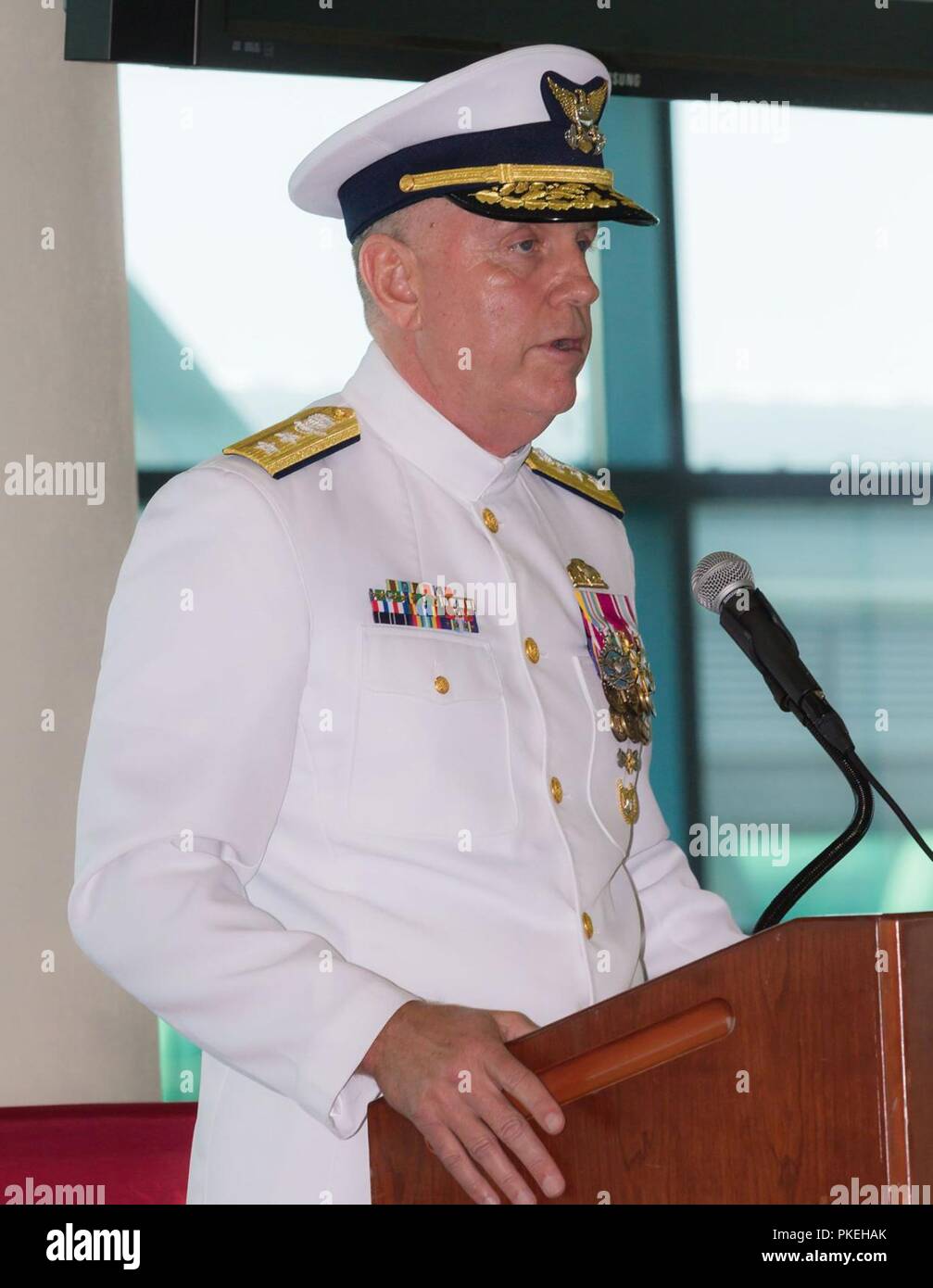 Rear Adm. Keith Smith, commander, Coast Guard's 5th District, speaks to ...