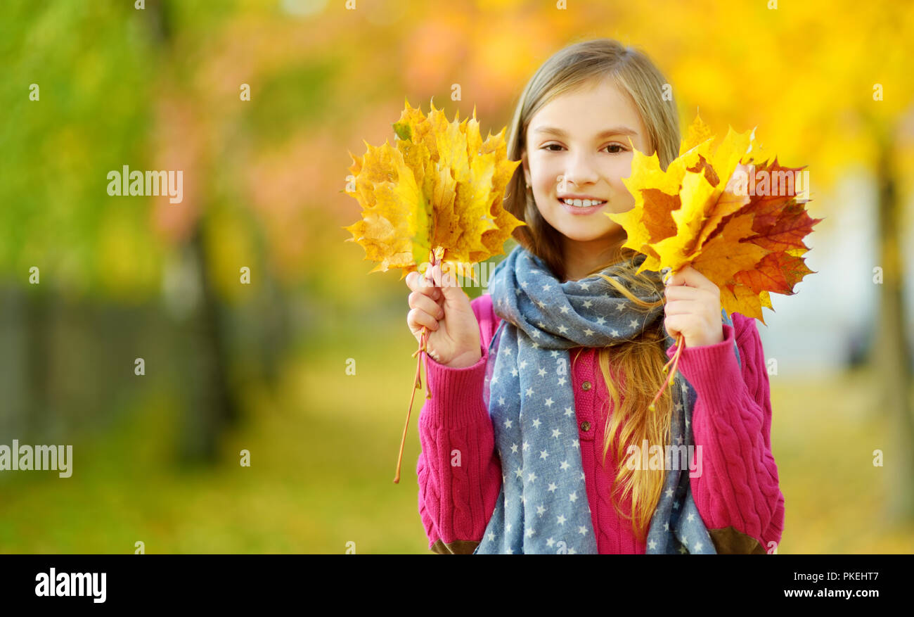 Cute little girl having fun on beautiful autumn day. Happy child ...