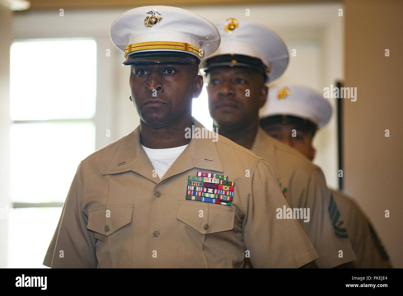 U.S. Marines prepare for the retirement ceremony of Gunnery Sgt. Devin ...