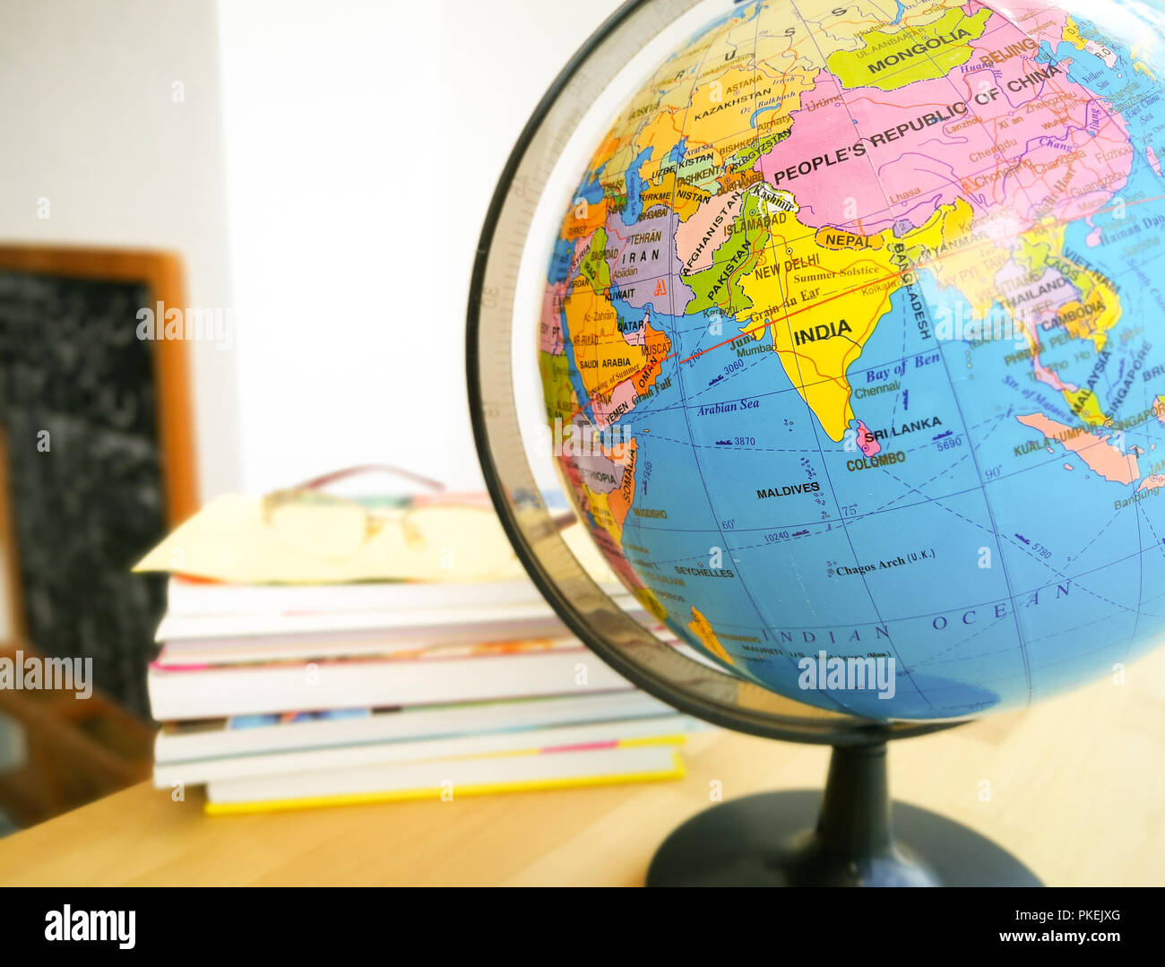 Countries and continents close up with the color map on a globe with ...