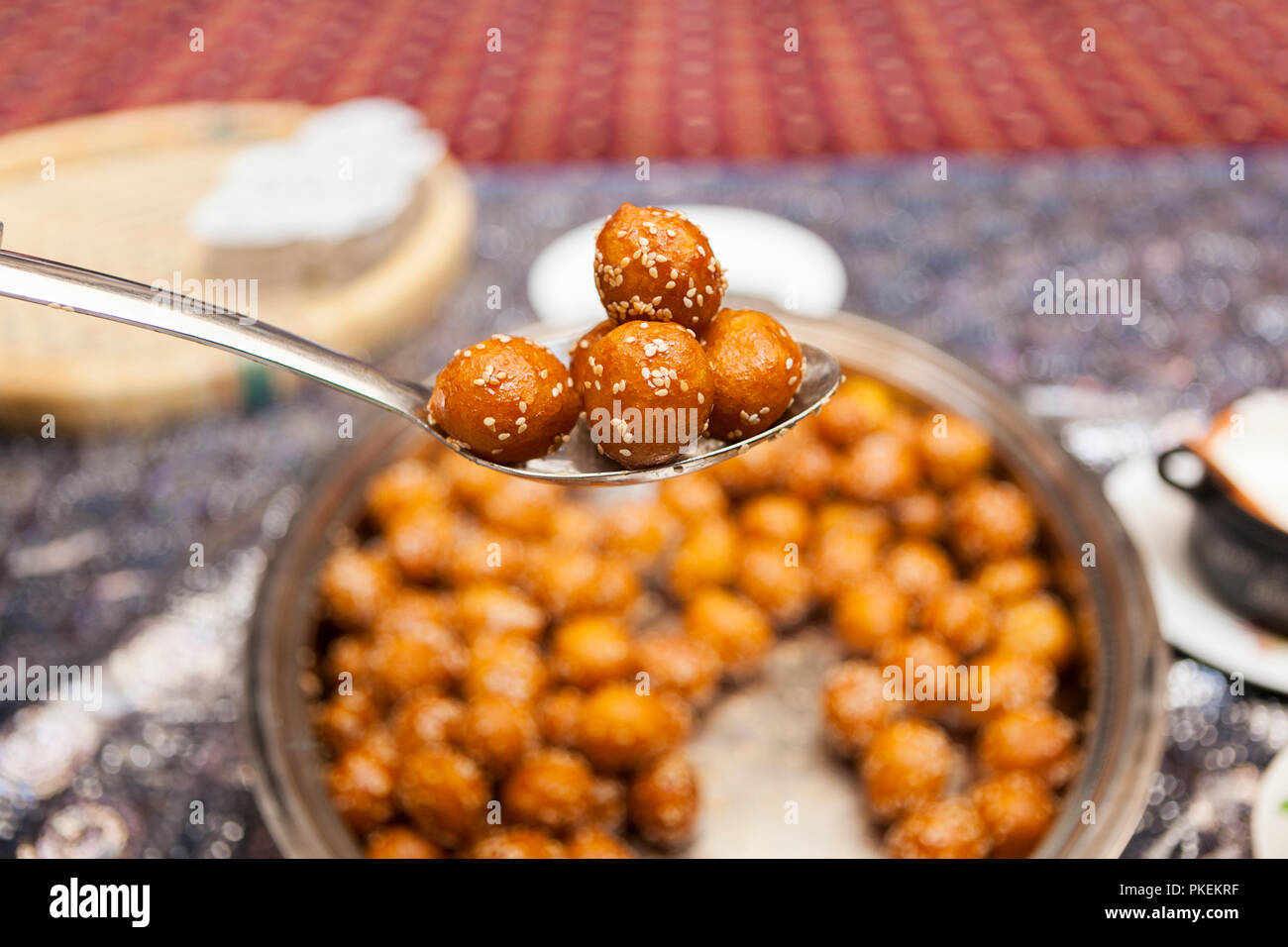 Luqaimat doughnut balls, Dubai, United Arab Emirates Stock Photo - Alamy