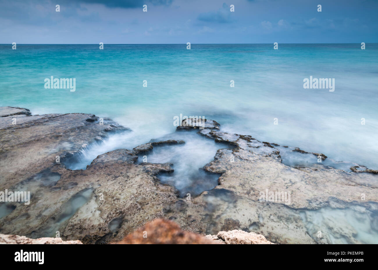 Mediterranean Sea rocky coast. Long exposure photo with natural blur ...
