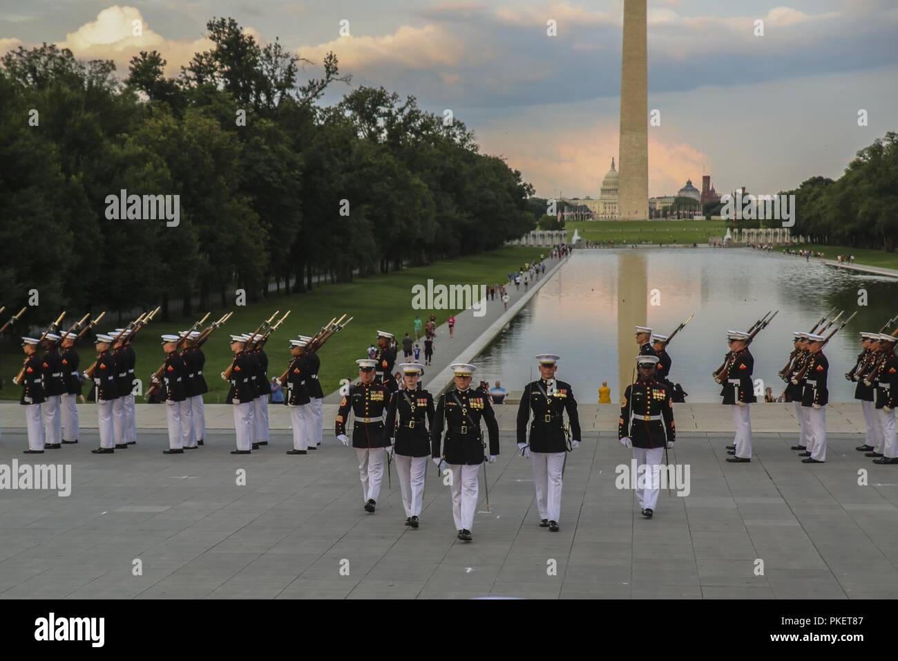 Marines with the Marine Barracks Washington D.C. parade marching staff ...