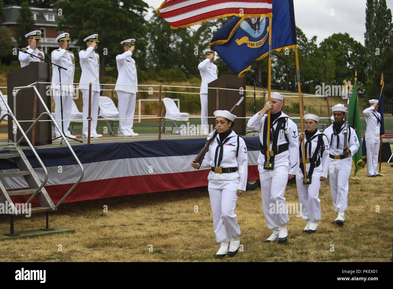 Wash. (Aug. 2, 2018) - The color guard parades the colors during a change of command ceremony ...