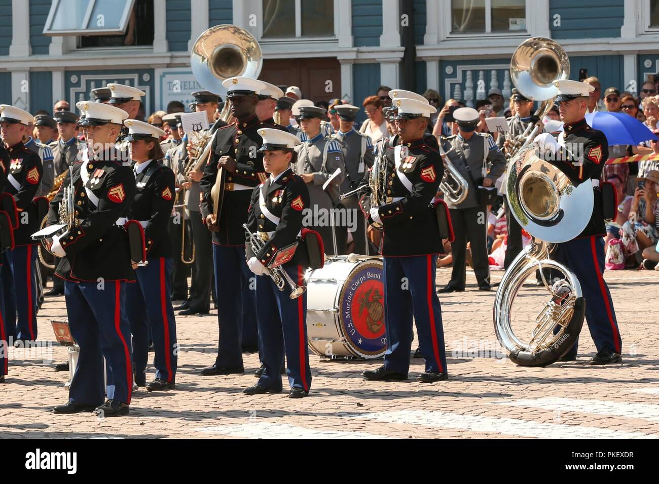 .S. Marines with the Marine Corps Base Quantico stand by during the ...
