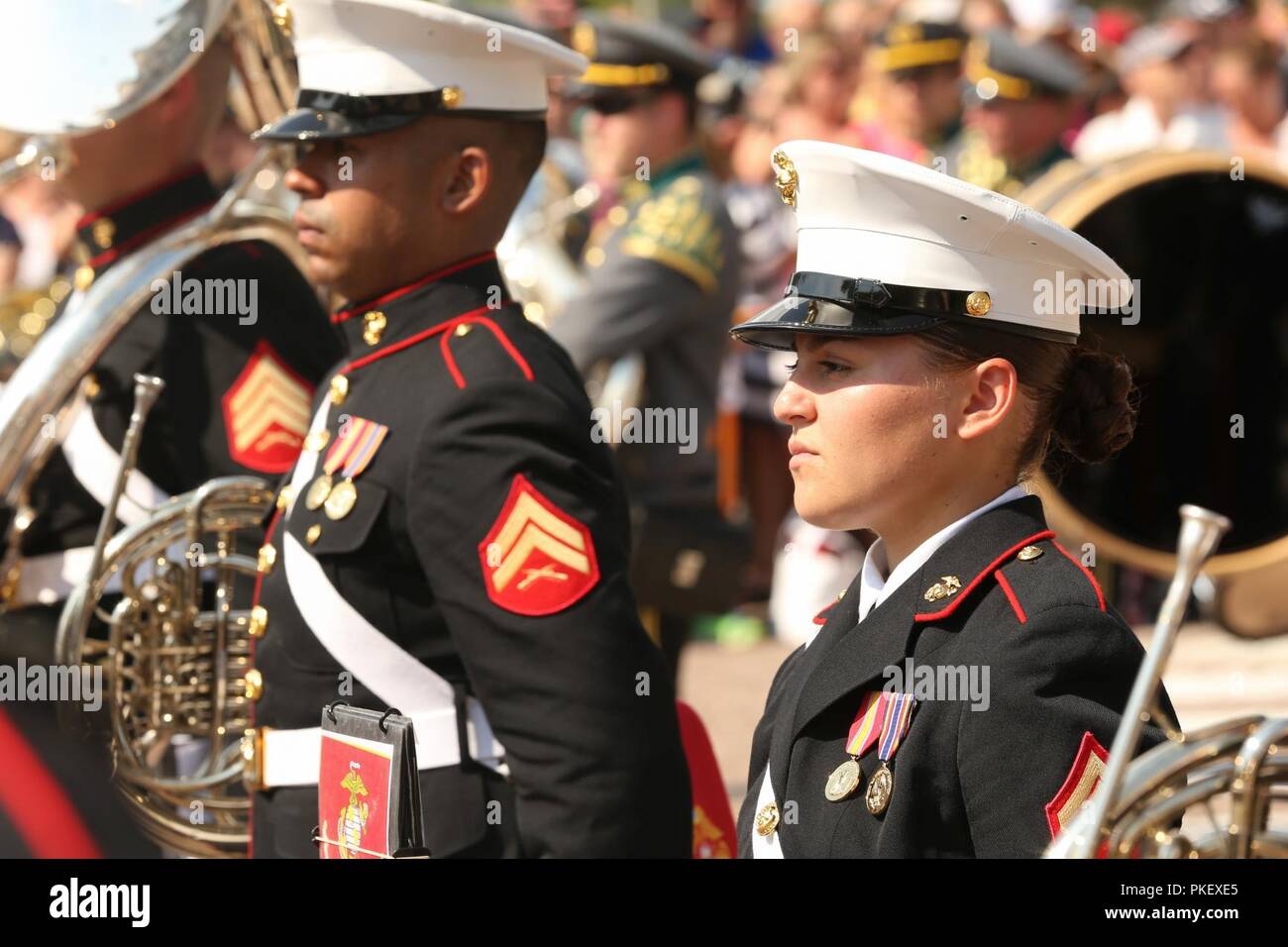.S. Marines with the Marine Corps Base Quantico stand by during the ...