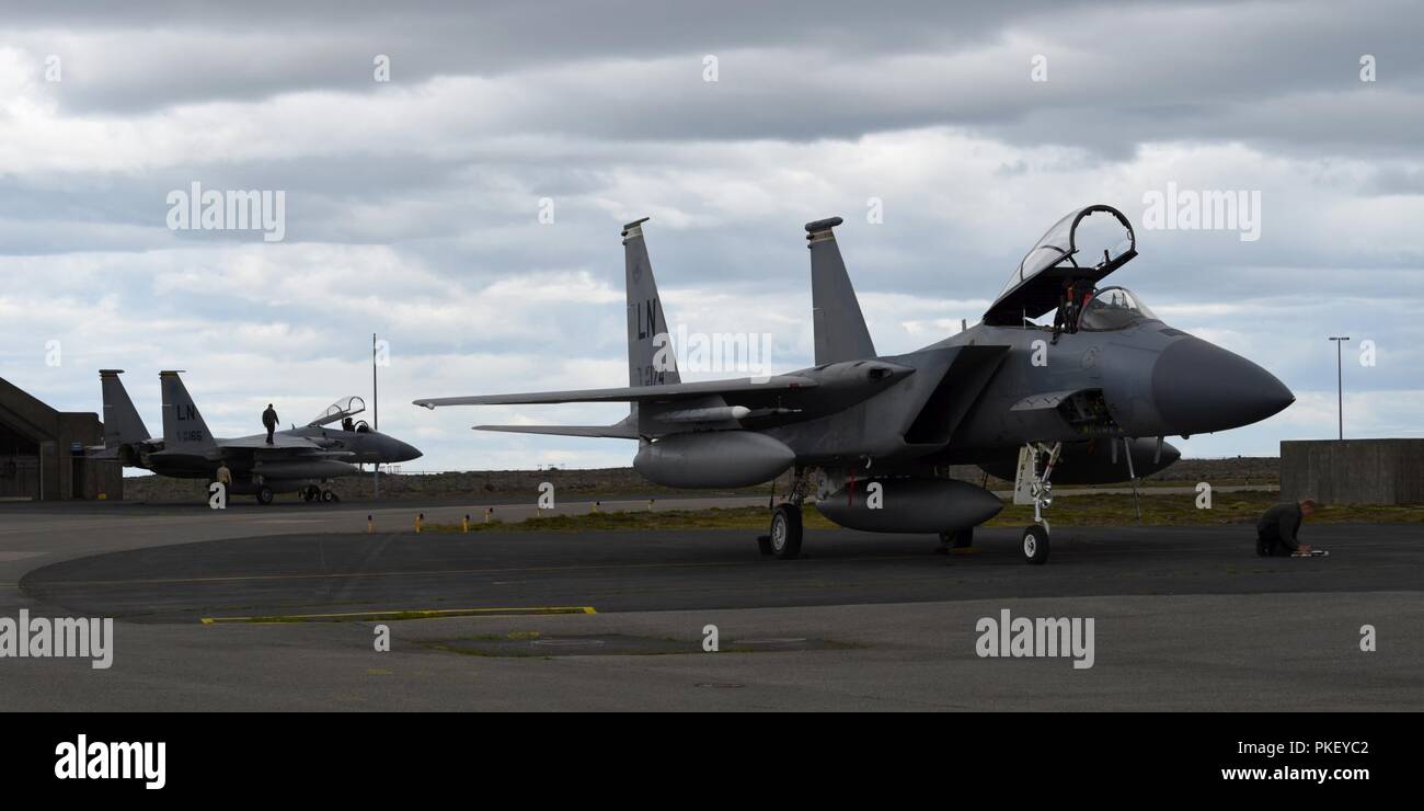 Two F-15C Eagles assigned to the 493rd Expeditionary Fighter Squadron ...