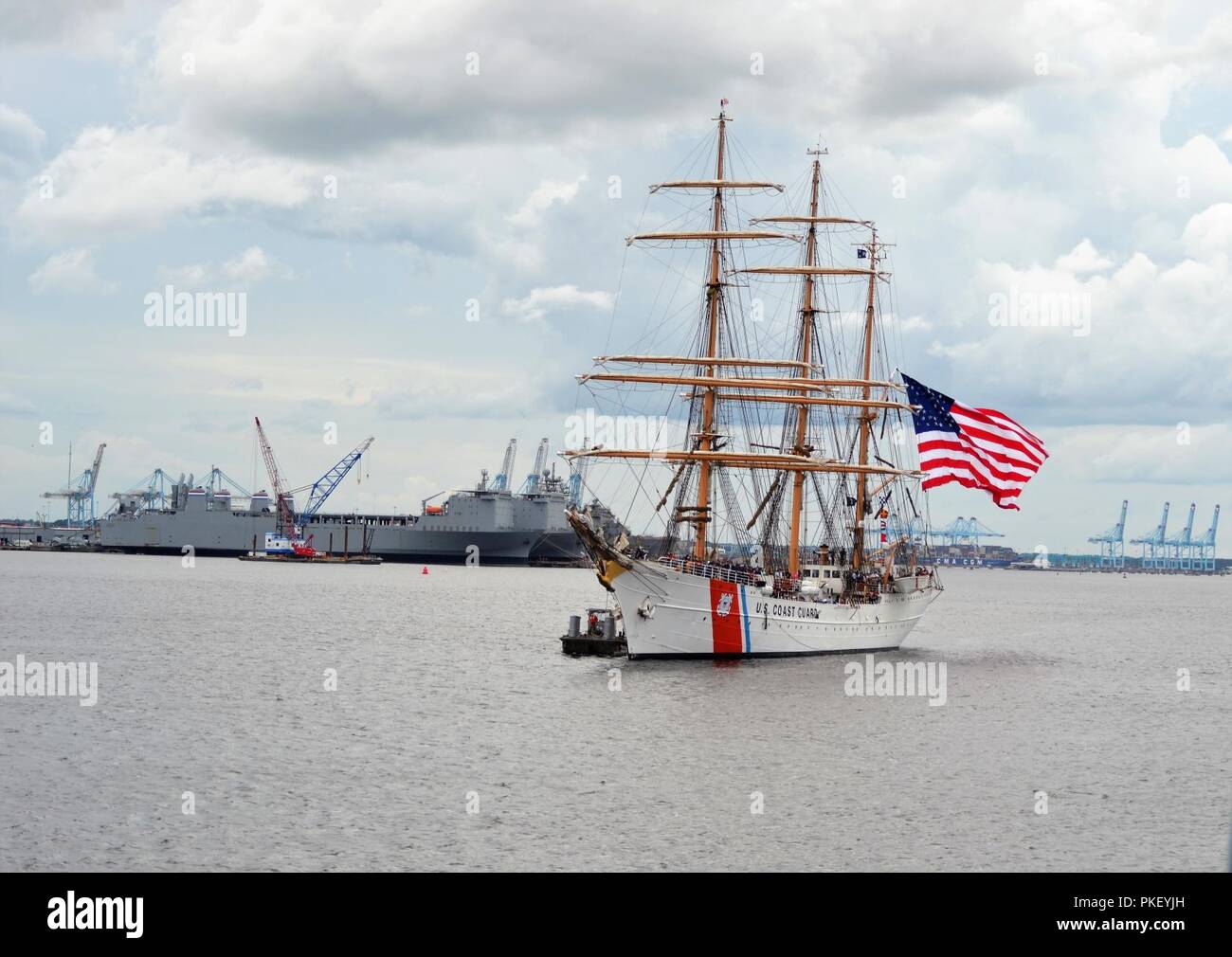 The USCGC Eagle on the Elizabeth River approaching the pier behind the ...