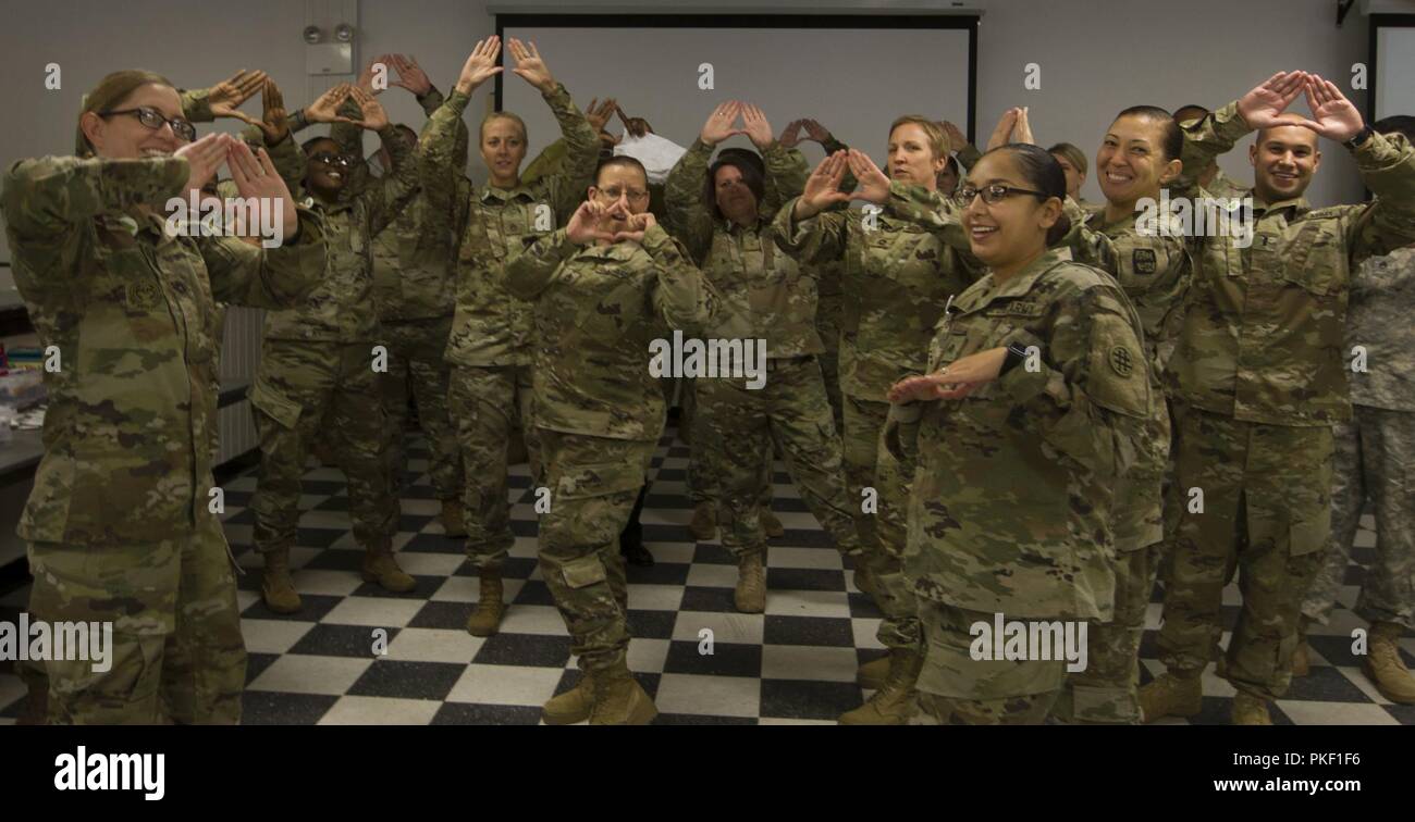 U.S. Army Reserve Soldiers hold up their hands in a triangle shape to ...