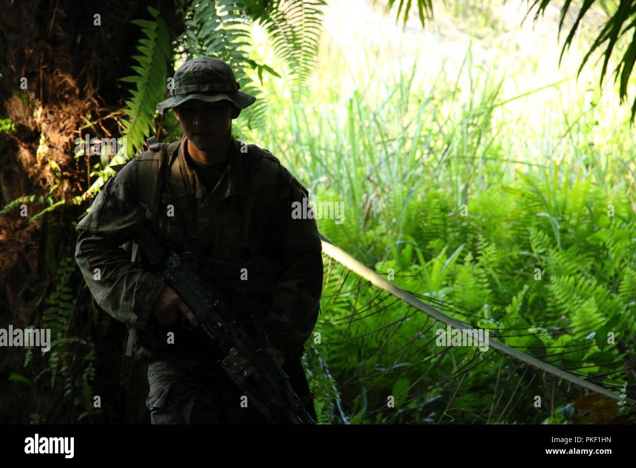 A U.S. Army Soldier prepares to head through water in the jungle during ...