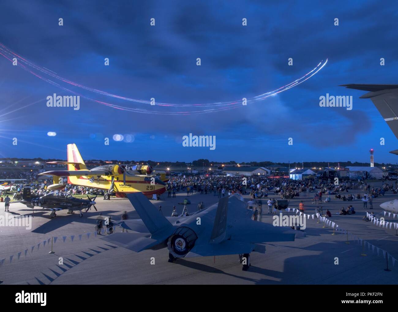 An F-35 Lightning II watches the night air show July 28, 2018, over ...