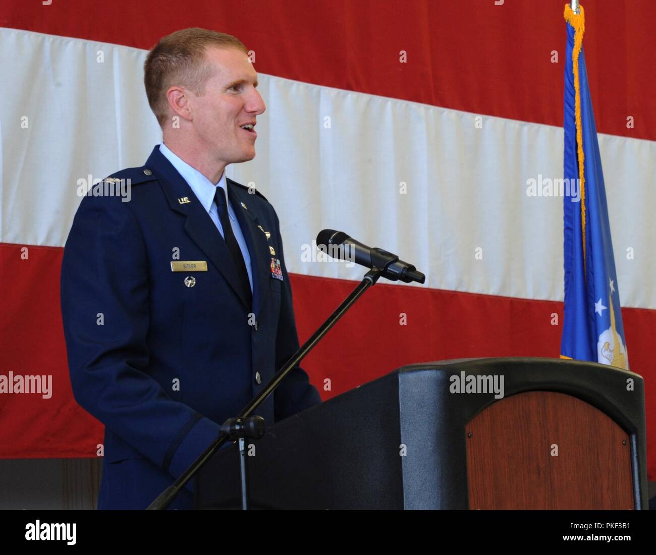 Oregon Air National Guard Col. Adam Sitler address the Airmen of the ...