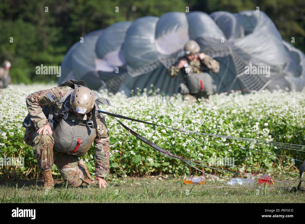 A group of U.S. Army Paratroopers land on Castle Drop Zone using their ...