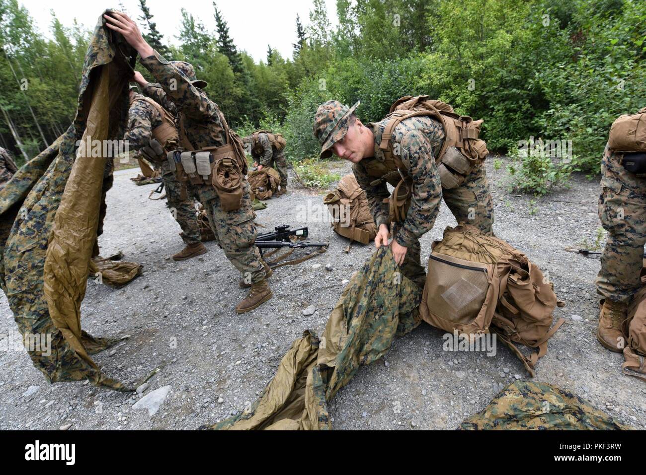 Marines with Charlie Company, 1st Battalion, 23rd Marine Regiment, pack ...