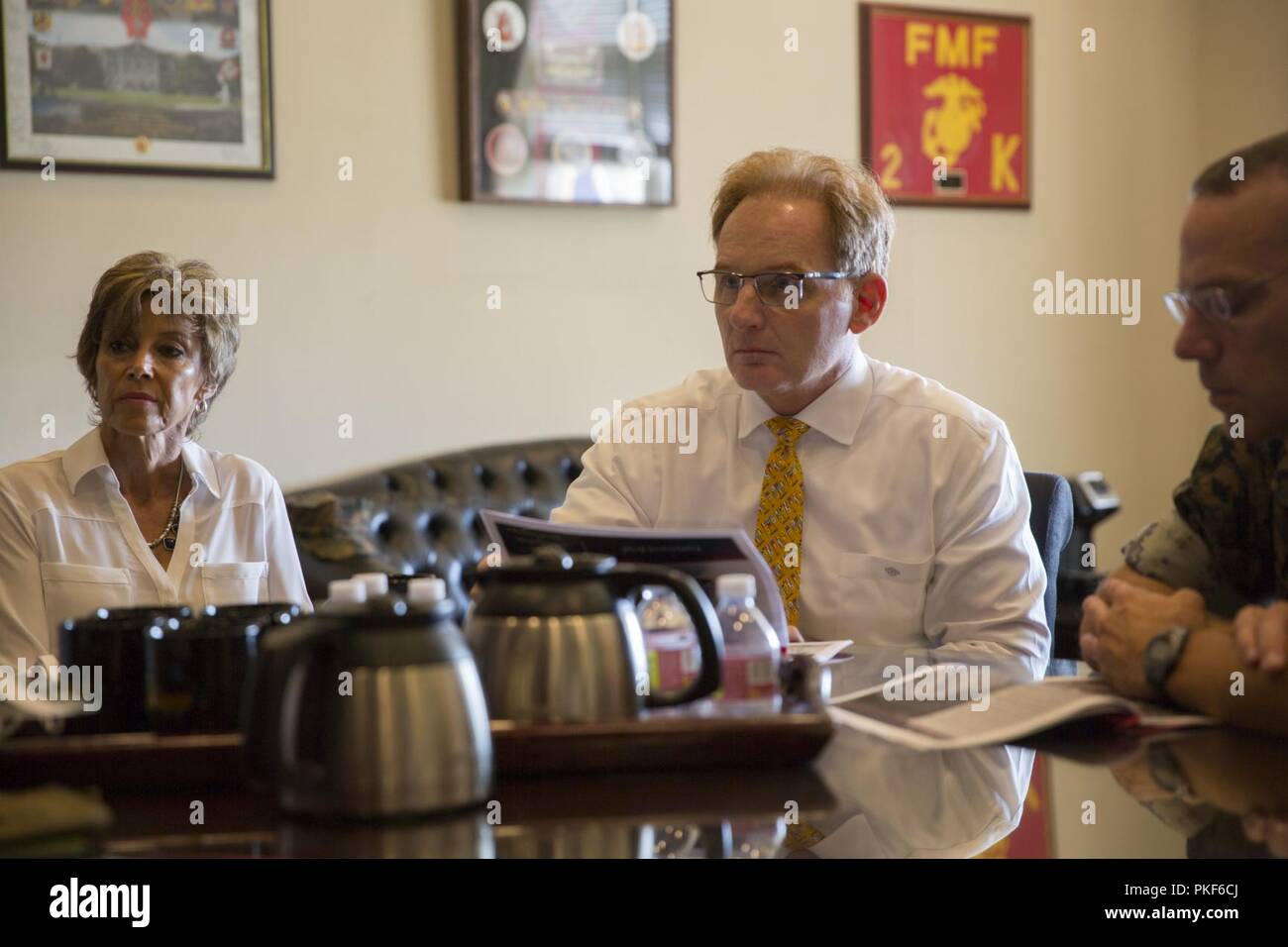 Under Secretary of the Navy Thomas B. Modly speaks with Marines during ...