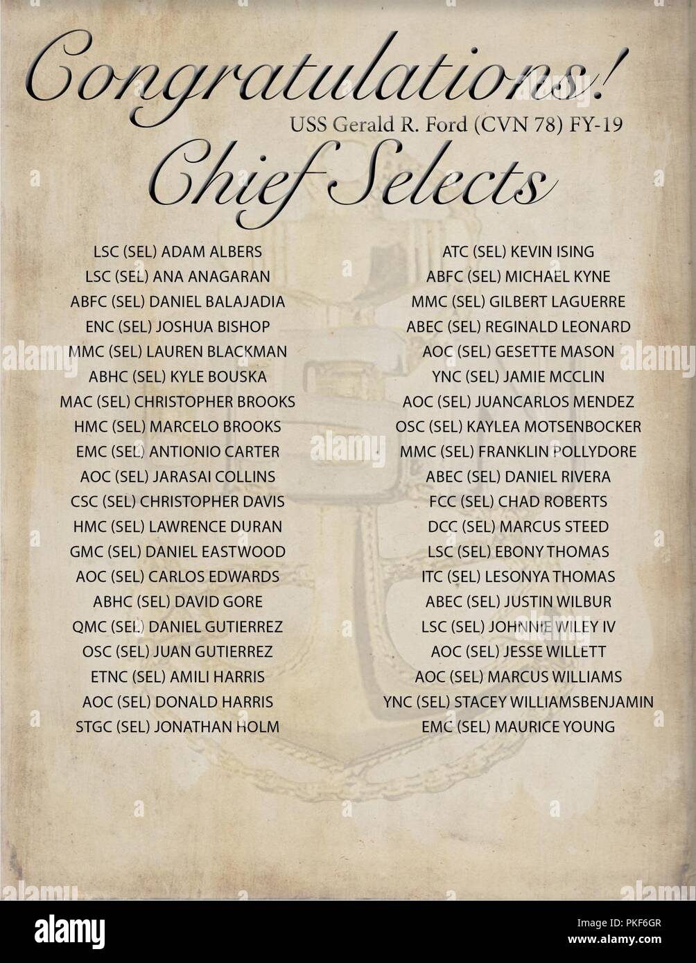 USS Gerald R. Ford (CVN 78) Chief Selects Stock Photo - Alamy