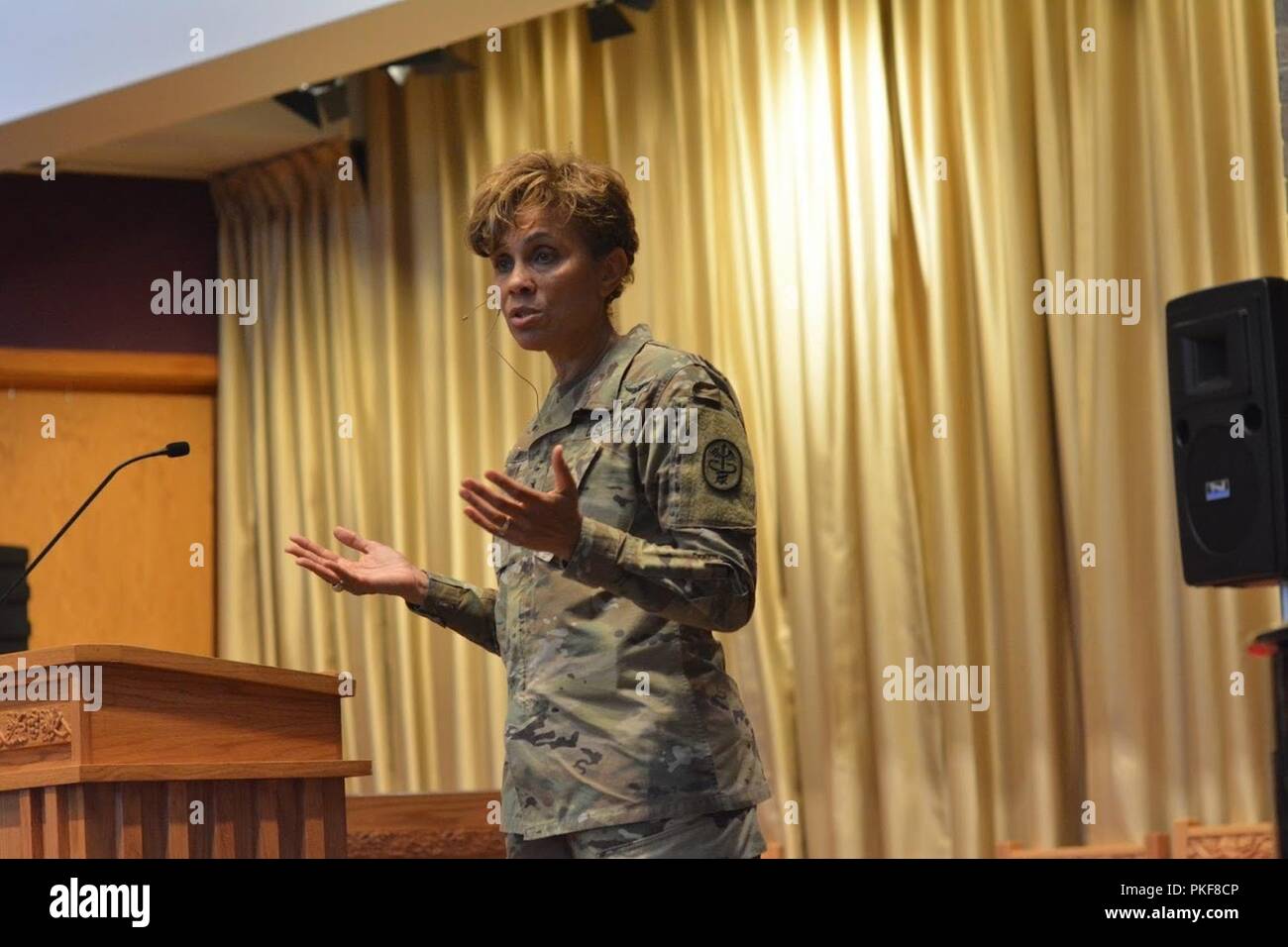 Lt. Gen. Nadja West, Army Surgeon General, speaks with an audience of ...