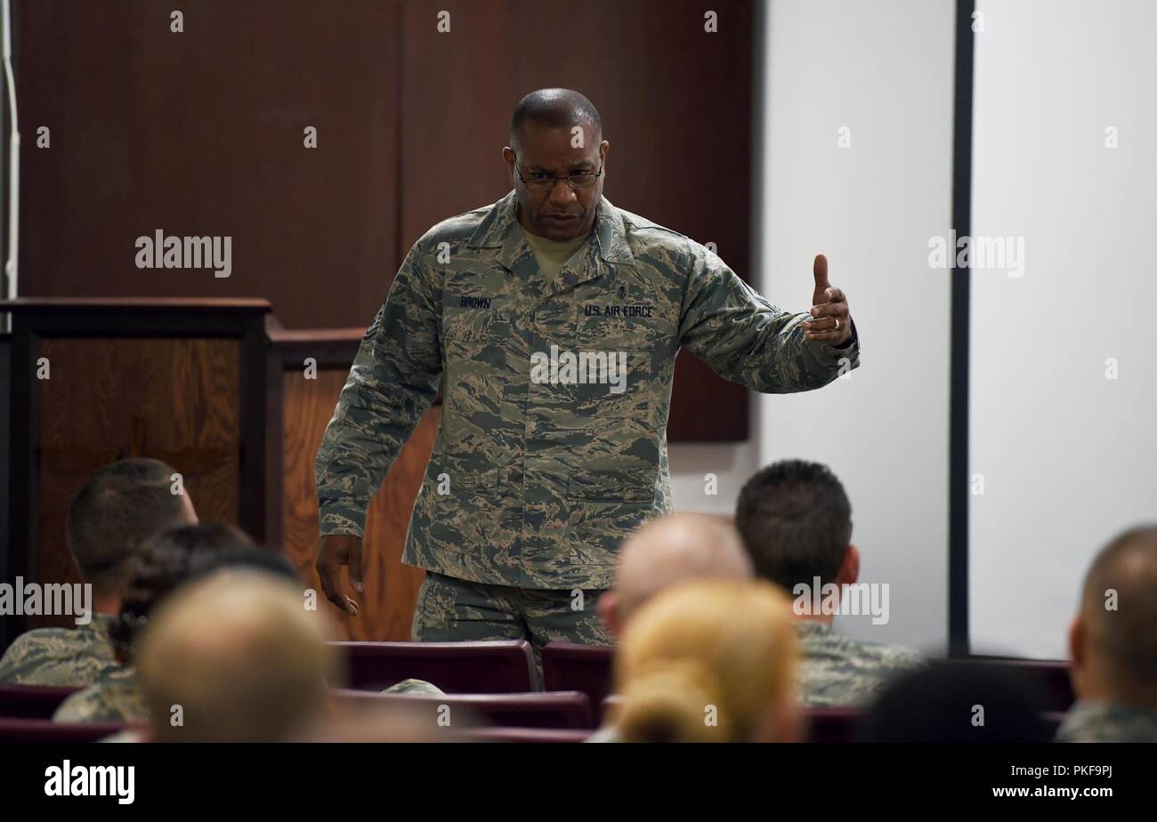 Chief Master Sgt. David Brown, 19th Air Force command chief, speaks to ...