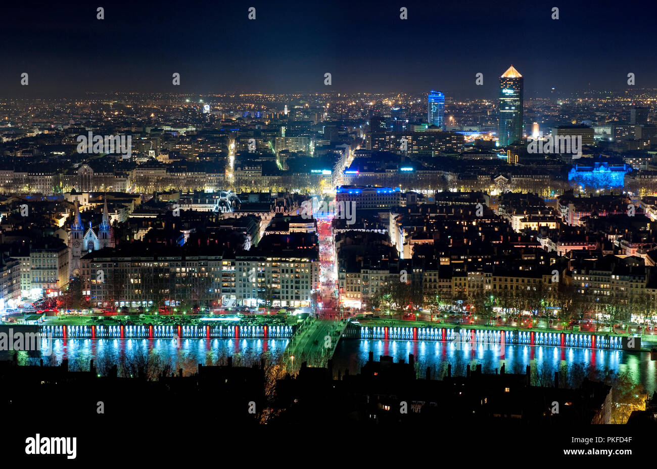 Panoramic nightview over the city Lyon coloured by the Fête des ...