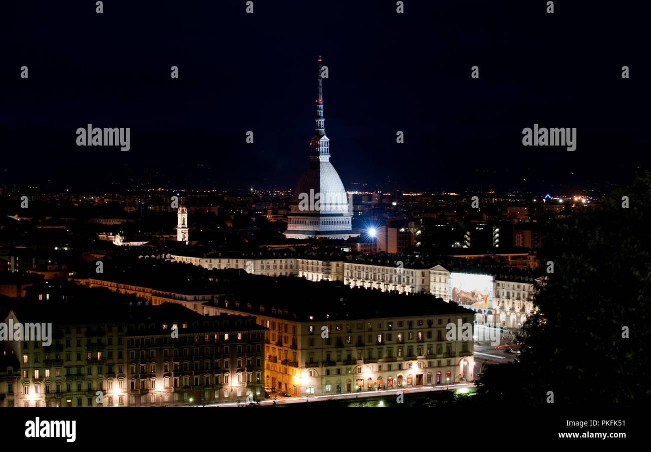 panoramic night view over Turin and the Mole Antonelliana (Italy, 20/06 ...