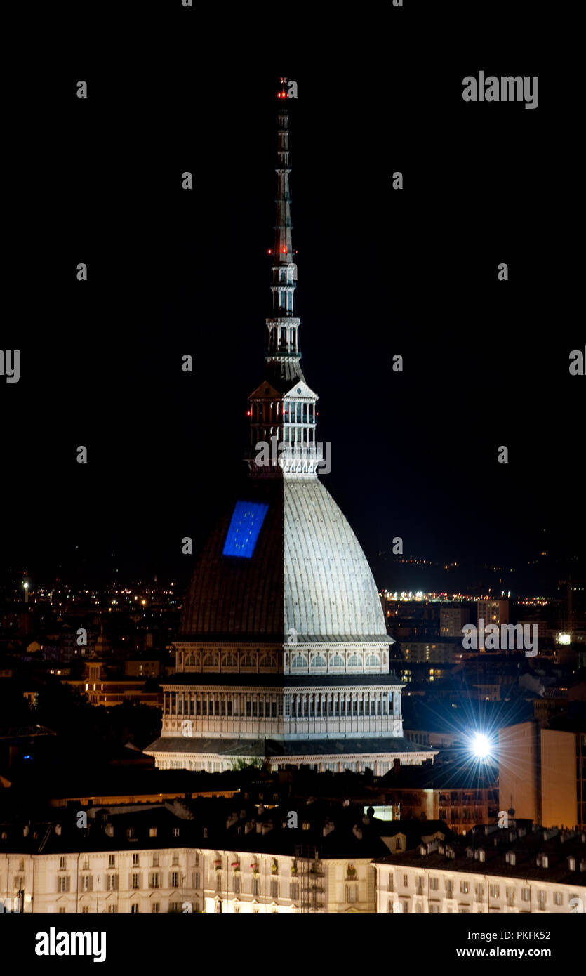 panoramic night view over Turin and the Mole Antonelliana (Italy, 20/06 ...