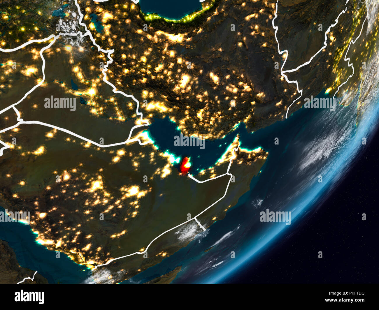Qatar from space on planet Earth at night with visible country borders ...