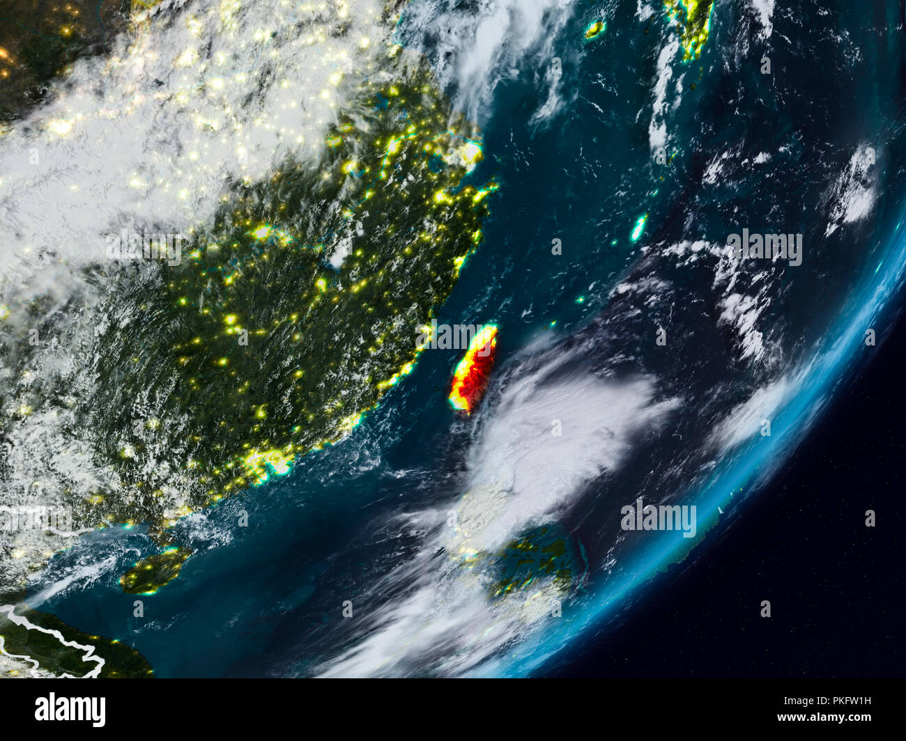 Taiwan from space on planet Earth at night with visible country borders ...
