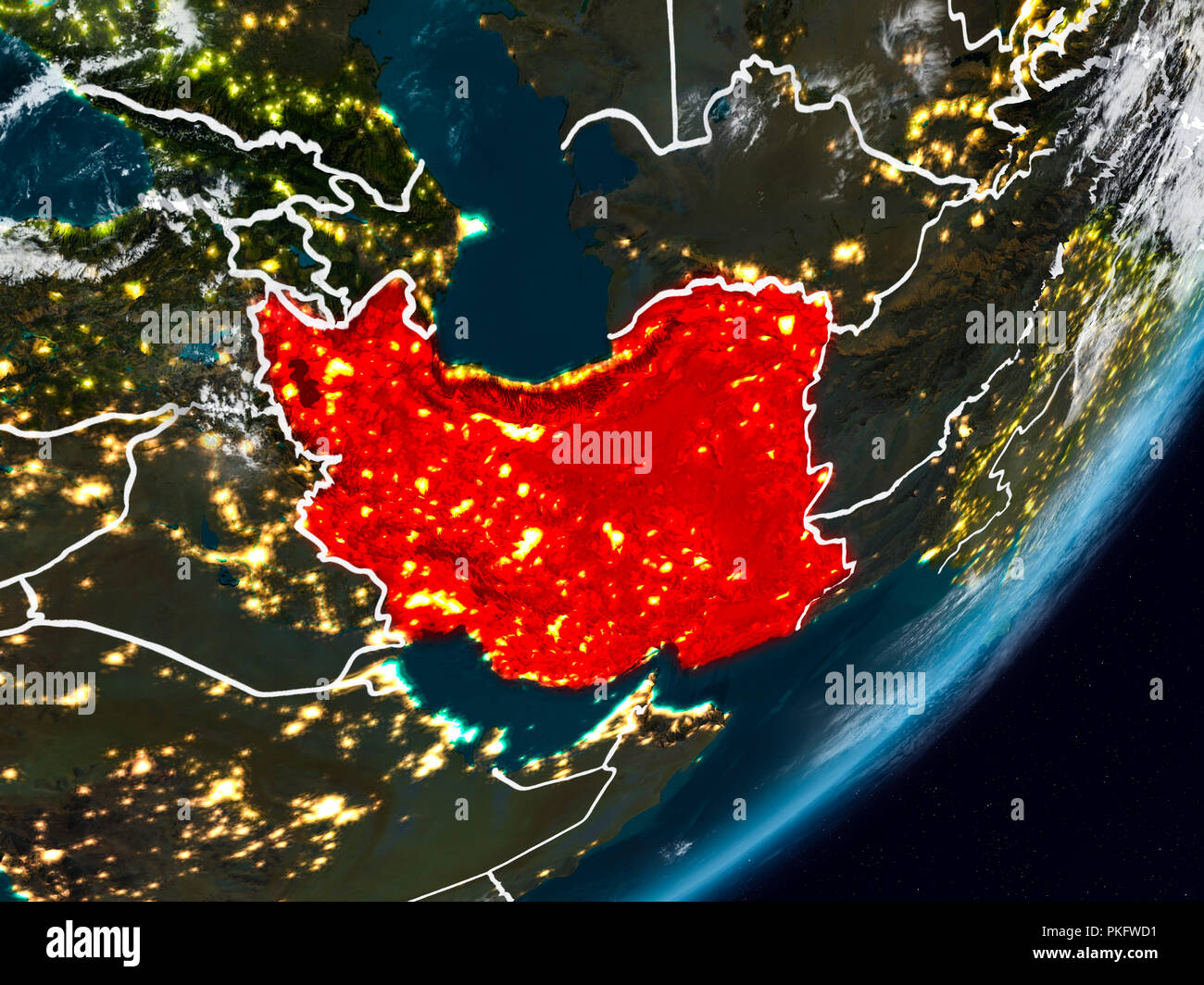 Iran from space on planet Earth at night with visible country borders ...