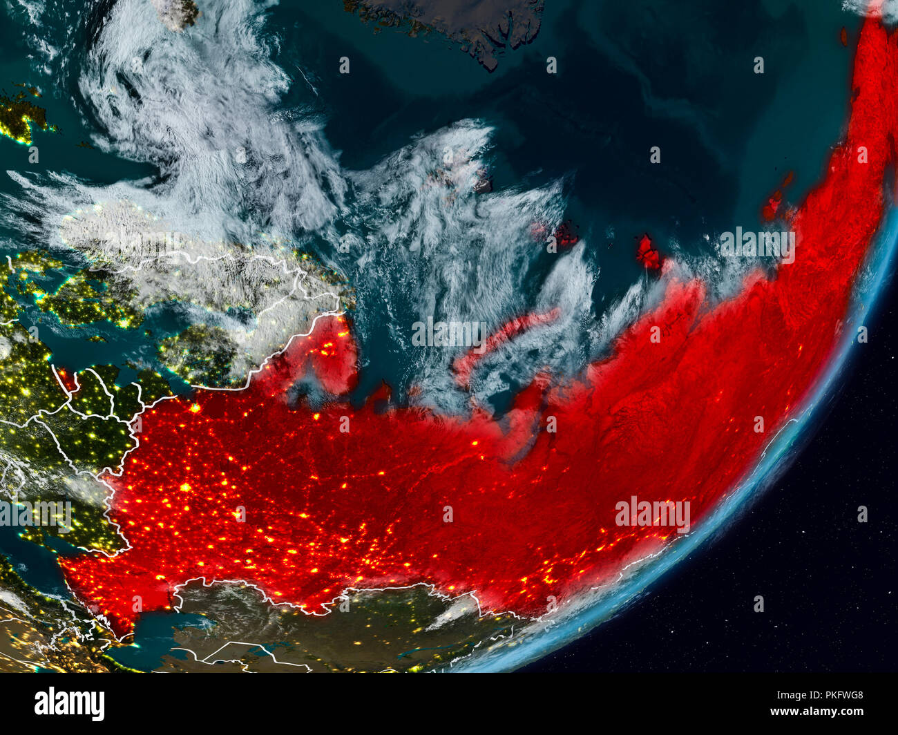 Russia from space on planet Earth at night with visible country borders ...